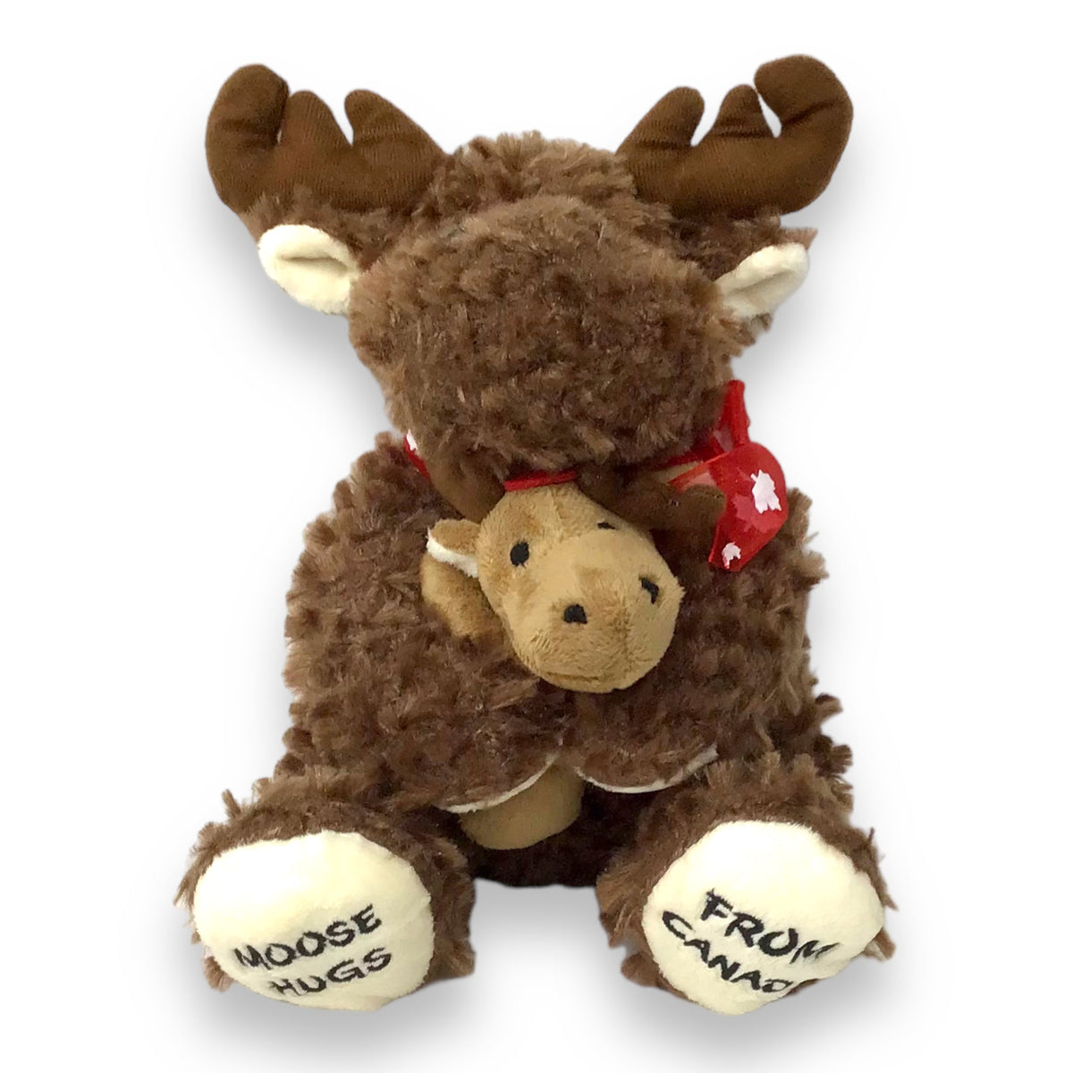 Moose Hugging Baby Moose w/ Maple Leaf Scarf Around the Neck 10” | Ado