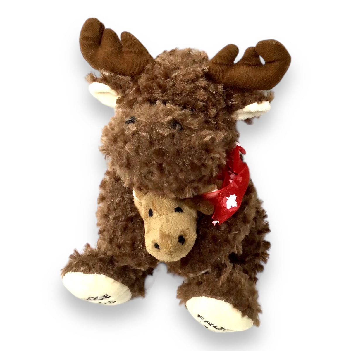 Moose Hugging Baby Moose w/ Maple Leaf Scarf Around the Neck 10” | Ado