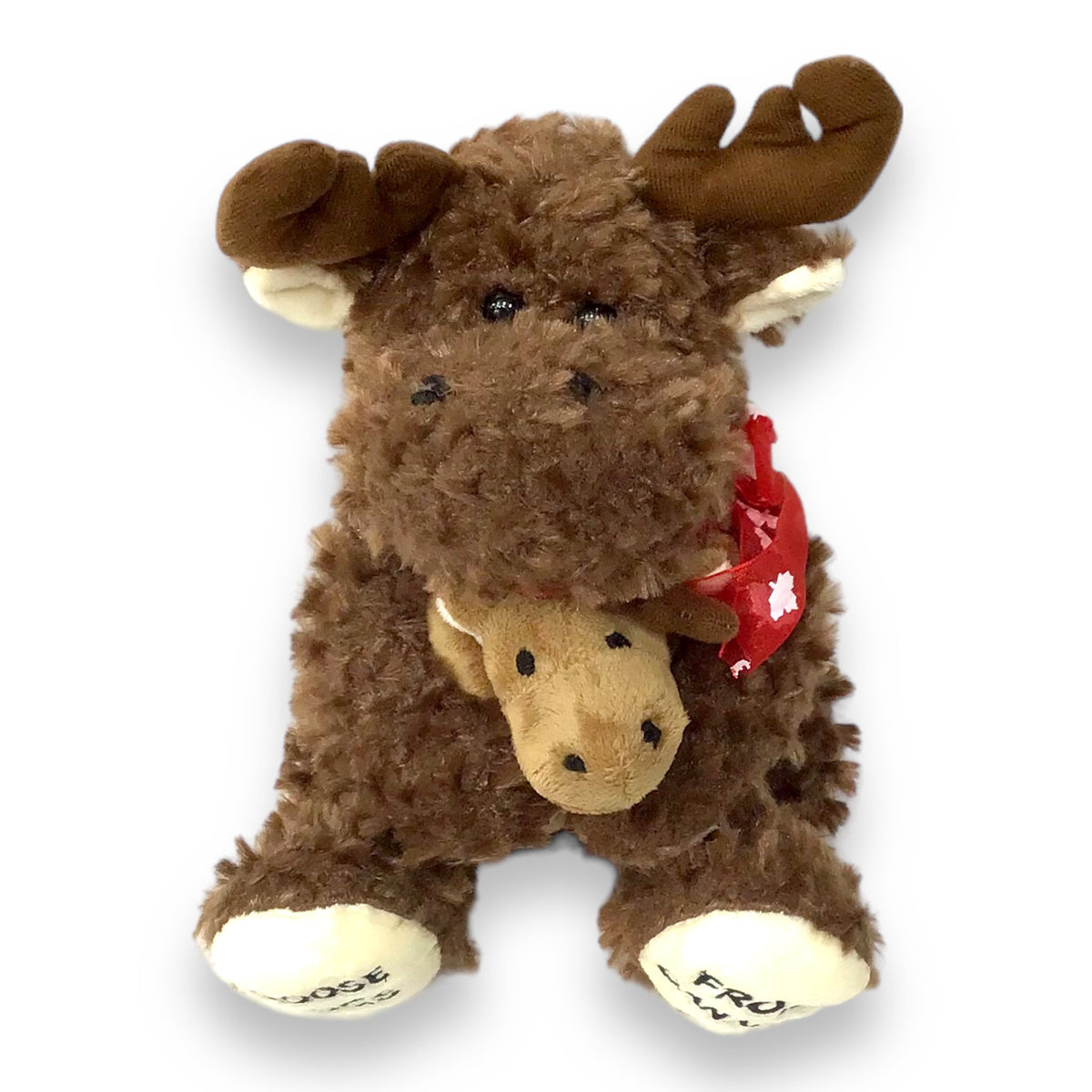 Moose Hugging Baby Moose w/ Maple Leaf Scarf Around the Neck 10” | Ado