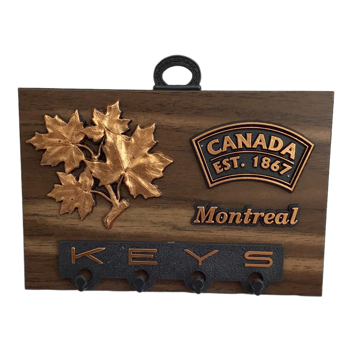 Canadian Souvenir Wall Plaque Maple Leaves with Key Holder on Hickory