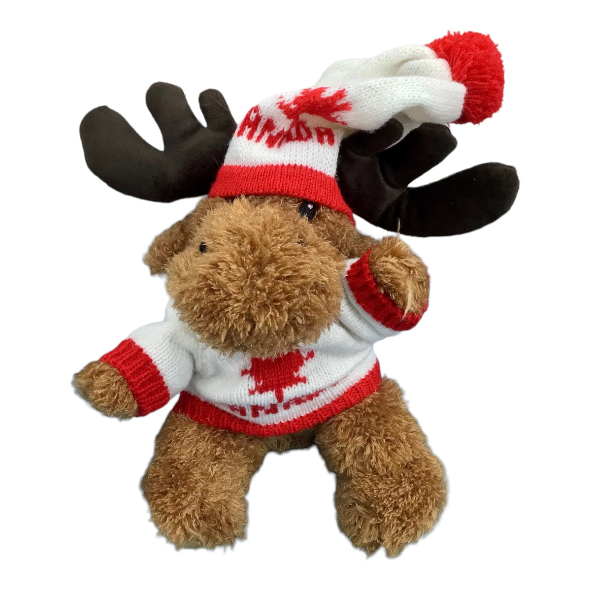 Canadian moose stuffed animal wearing sweater and toque, Canada and ma