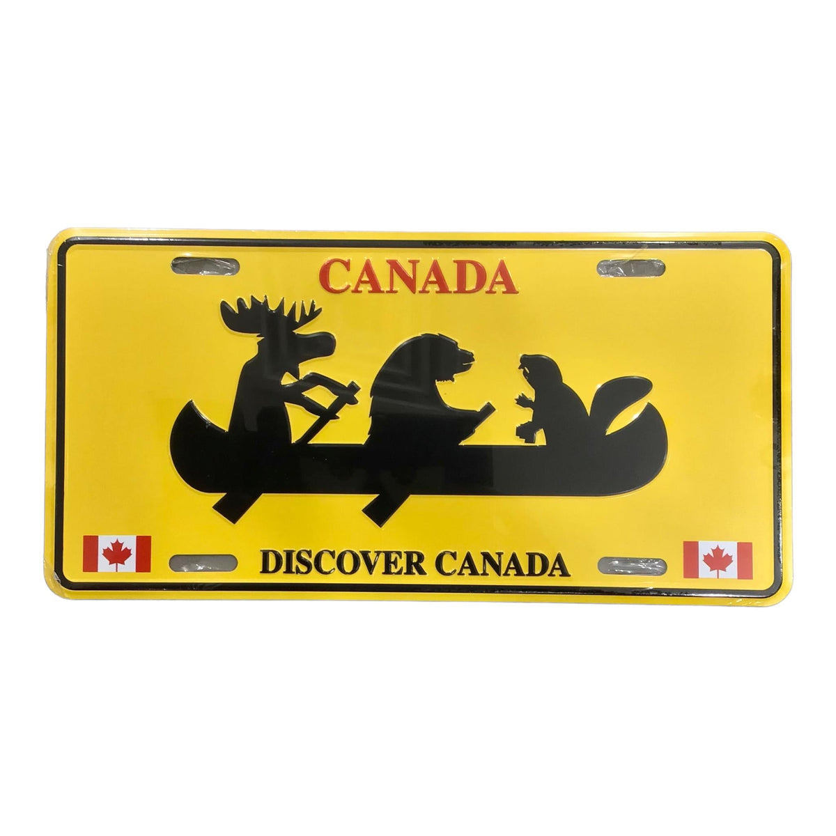 DISCOVER CANADA - MOOSE, BEAVER & BEAR IN CANOE - LICENSE PLATE - SOUV