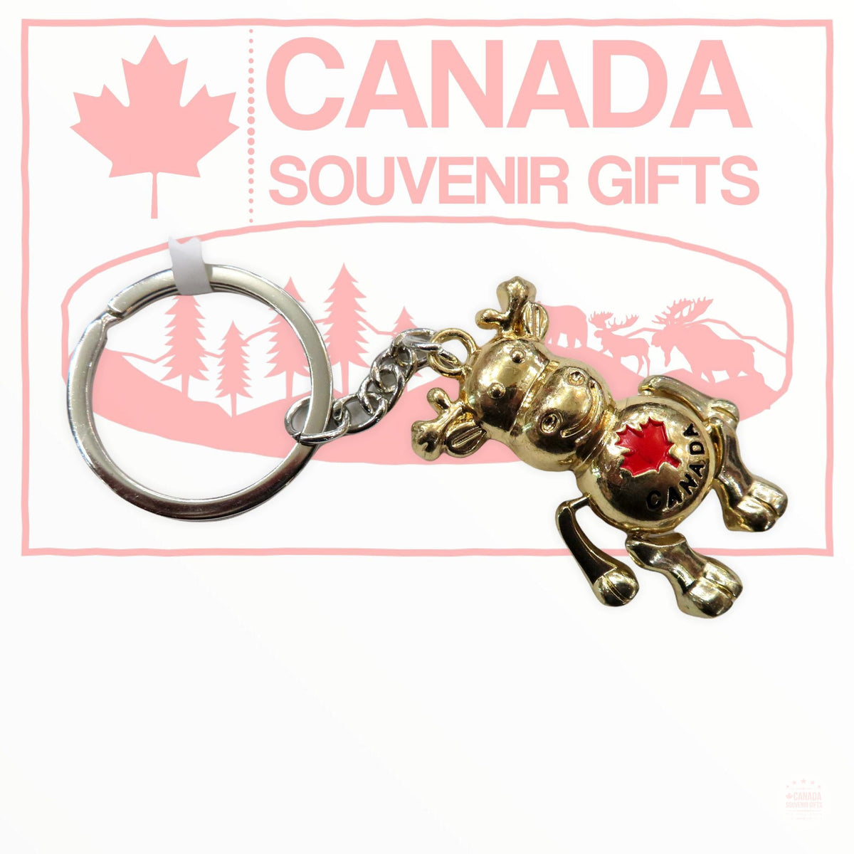 KEYRING - CANADA RED MAPLE LEAF , GOLD MOOSE METAL KEYCHAIN ..Size : 1