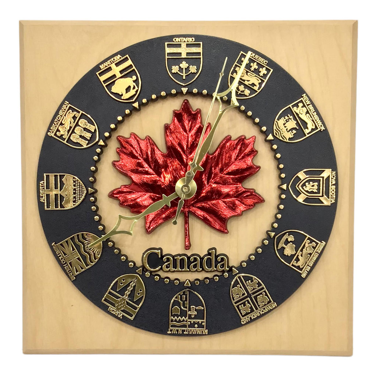 Made in Canada Wall Clock - Red Maple Leaf w/ Canadian Provincial Cres