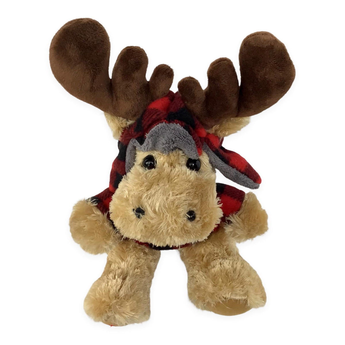 Moose stuffed animal plush wearing a buffalo plaid shirt and a hat wit