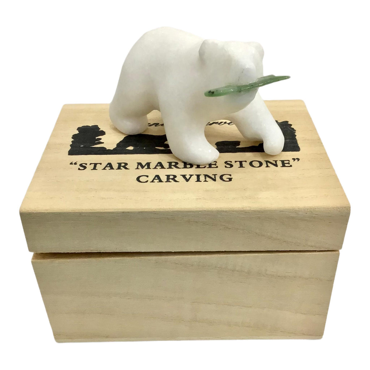 Star Marble Carvings - Marble Bear 3" with Jade FIsh Gift Boxed - Cana